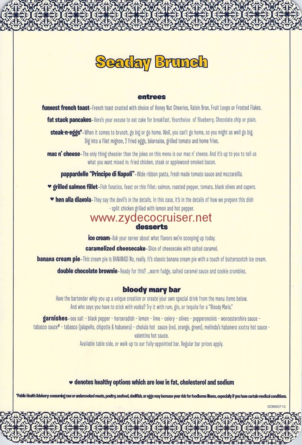 002 Carnival Cruise Seaday Brunch Menu Back